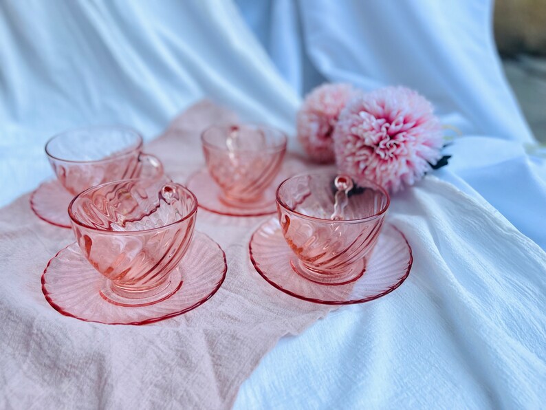 Pink Vintage Glass Tea Cup and Saucer Set of 4, Vintage Pink Glass ...