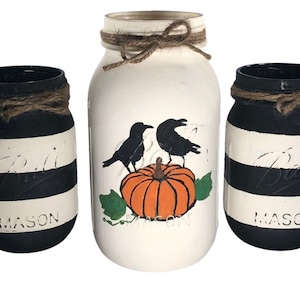 Crow & Pumpkin Mason Jars / Fall Mason Jars / Autumn Decor / Painted ...