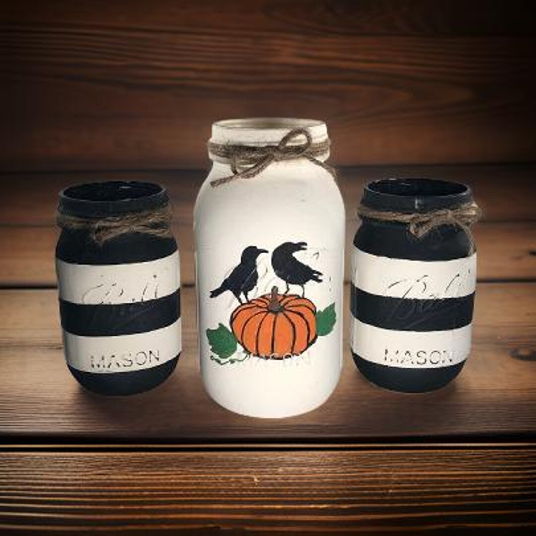 Crow & Pumpkin Mason Jars / Fall Mason Jars / Autumn Decor / Painted ...
