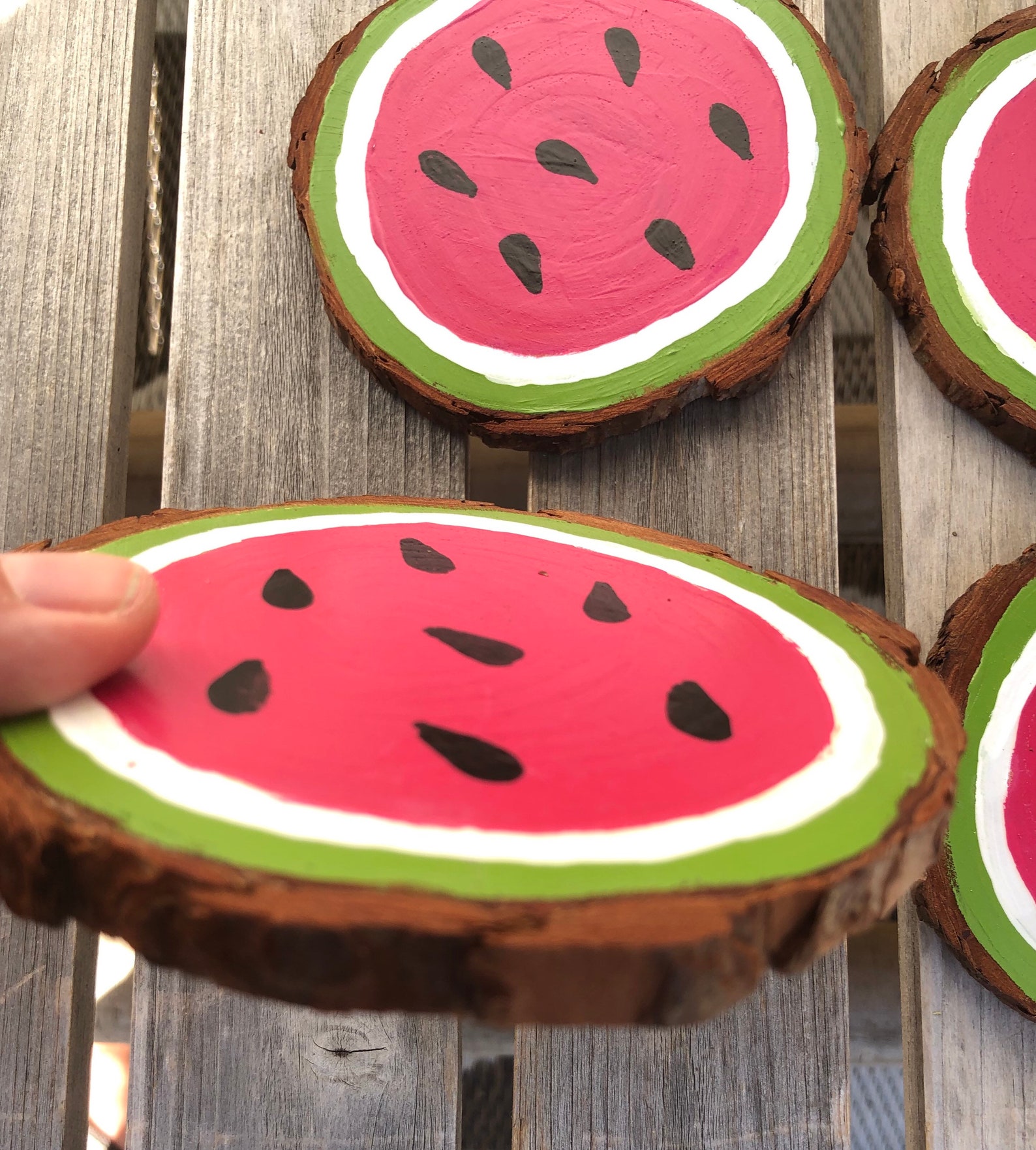 Watermelon Wooden Coasters / Hand-painted Wood Coasters / | Etsy