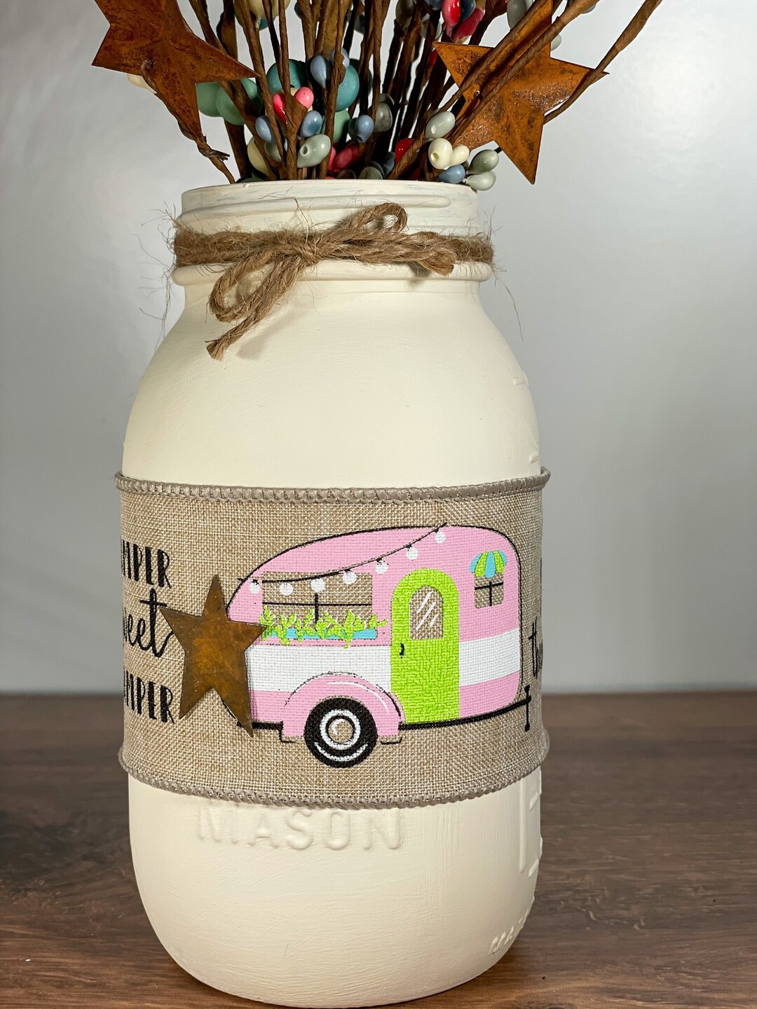 Camper Mason Jar / Camping Decor / RV Mason Jar Decor / Painted Mason ...