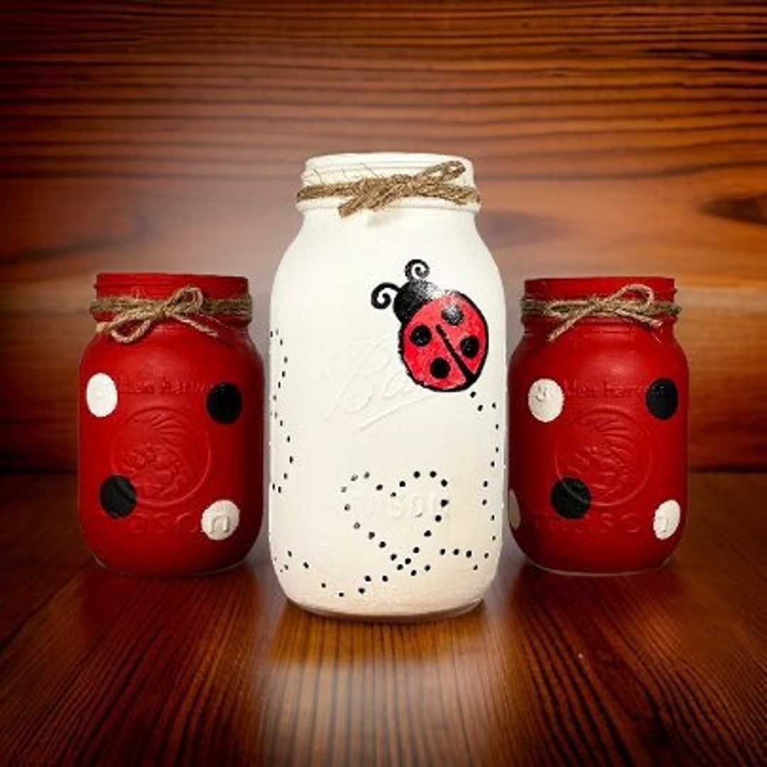 Ladybug Mason Jars / Mason Jar Centerpiece / Ladybug Decor / Painted ...