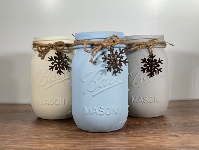 Farmhouse Winter Mason Jars / Snowflake Mason Jars / Mason Jar ...