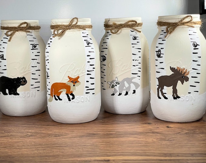 Woodland Animal Mason Jar Set - Woodland Animal Baby Shower - Painted ...