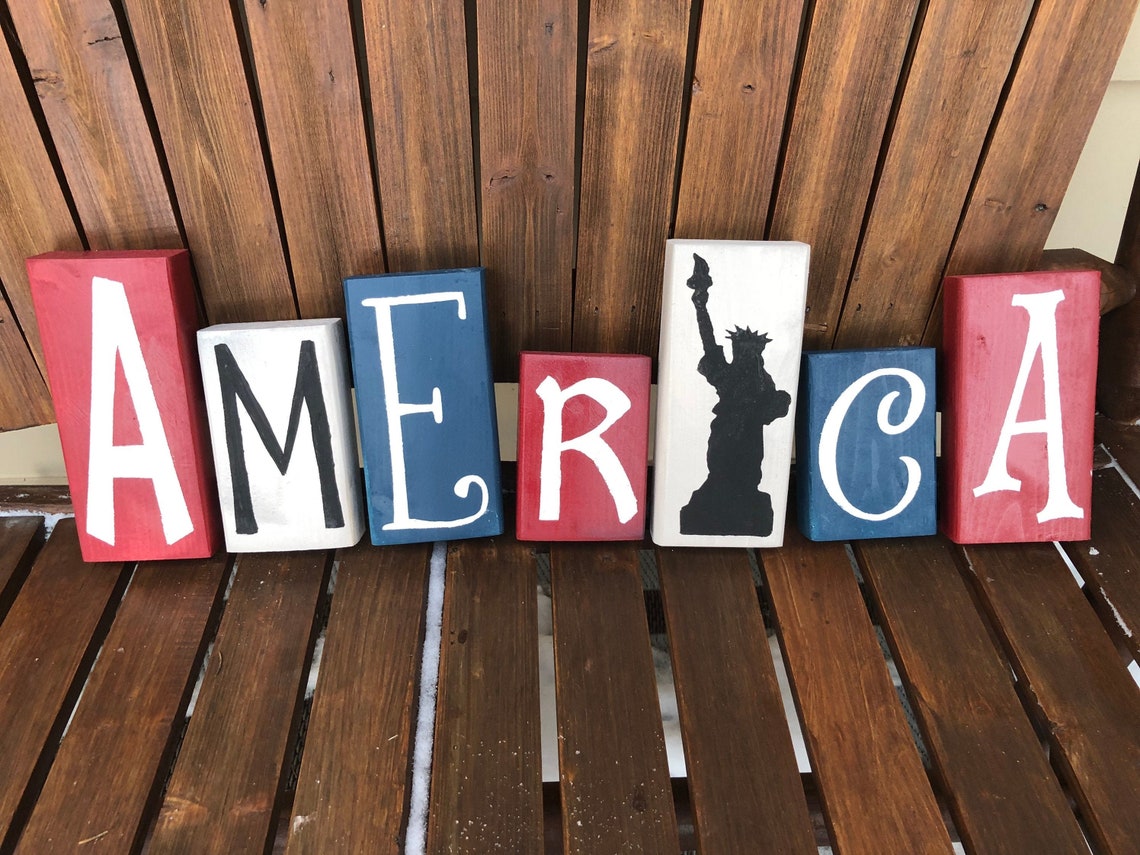 AMERICA Wood Blocks / American Decor / America Sign / 4th of | Etsy