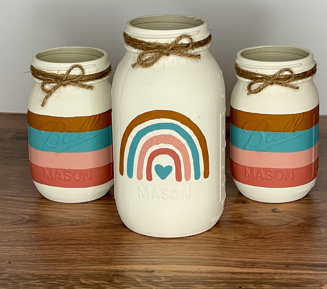 Boho Rainbow Mason Jars / Rainbow Decor / Rainbow Mason Jars / - Etsy