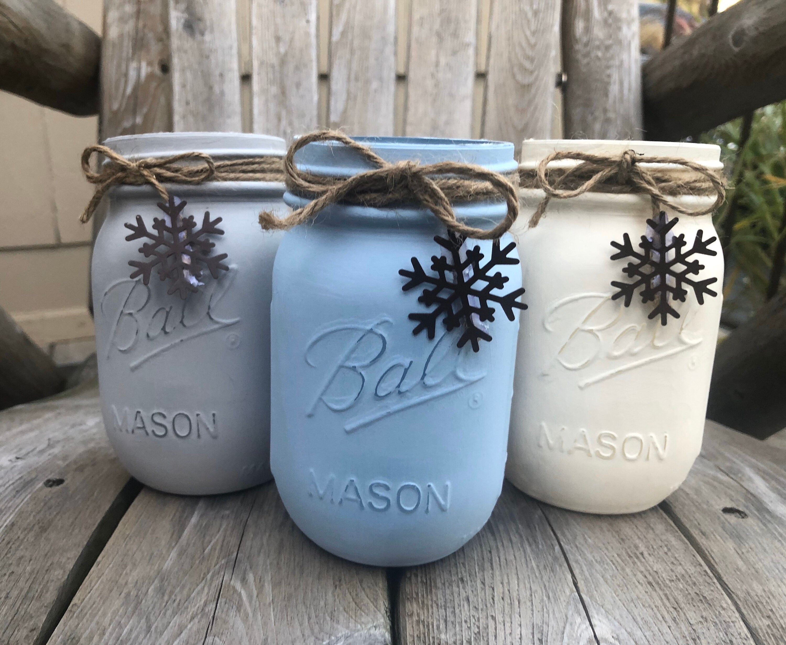 Farmhouse Winter Mason Jars / Snowflake Mason Jars / Painted | Etsy