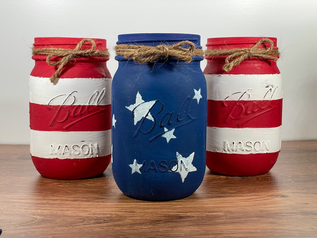 American Flag Mason Jars / Mason Jar Centerpiece / 4th of July Mason ...