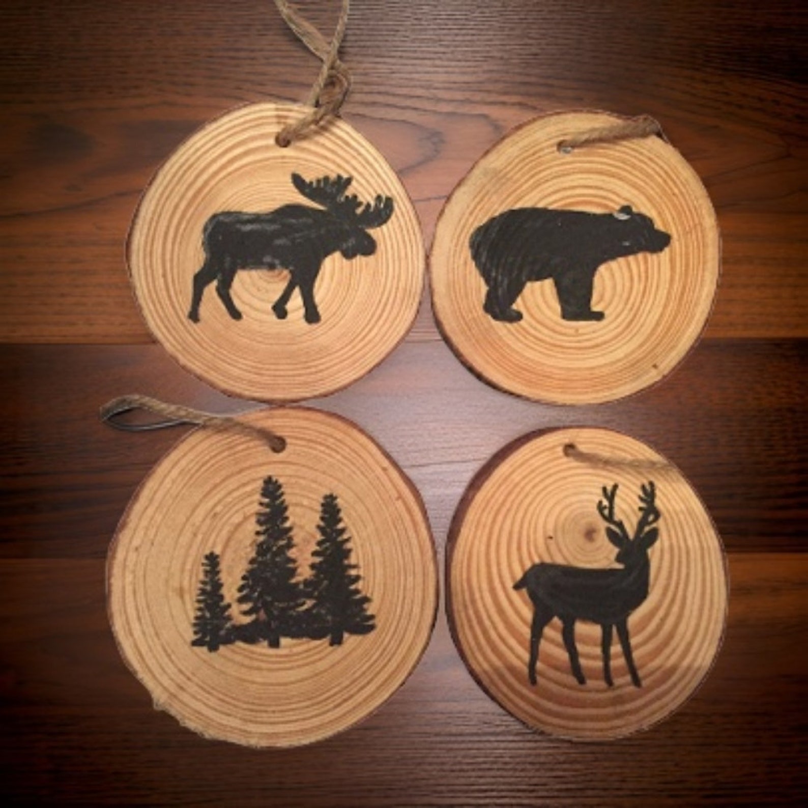 Woodland Animal Ornaments / Moose, Deer, Bear, Pine Tree / Wood ...