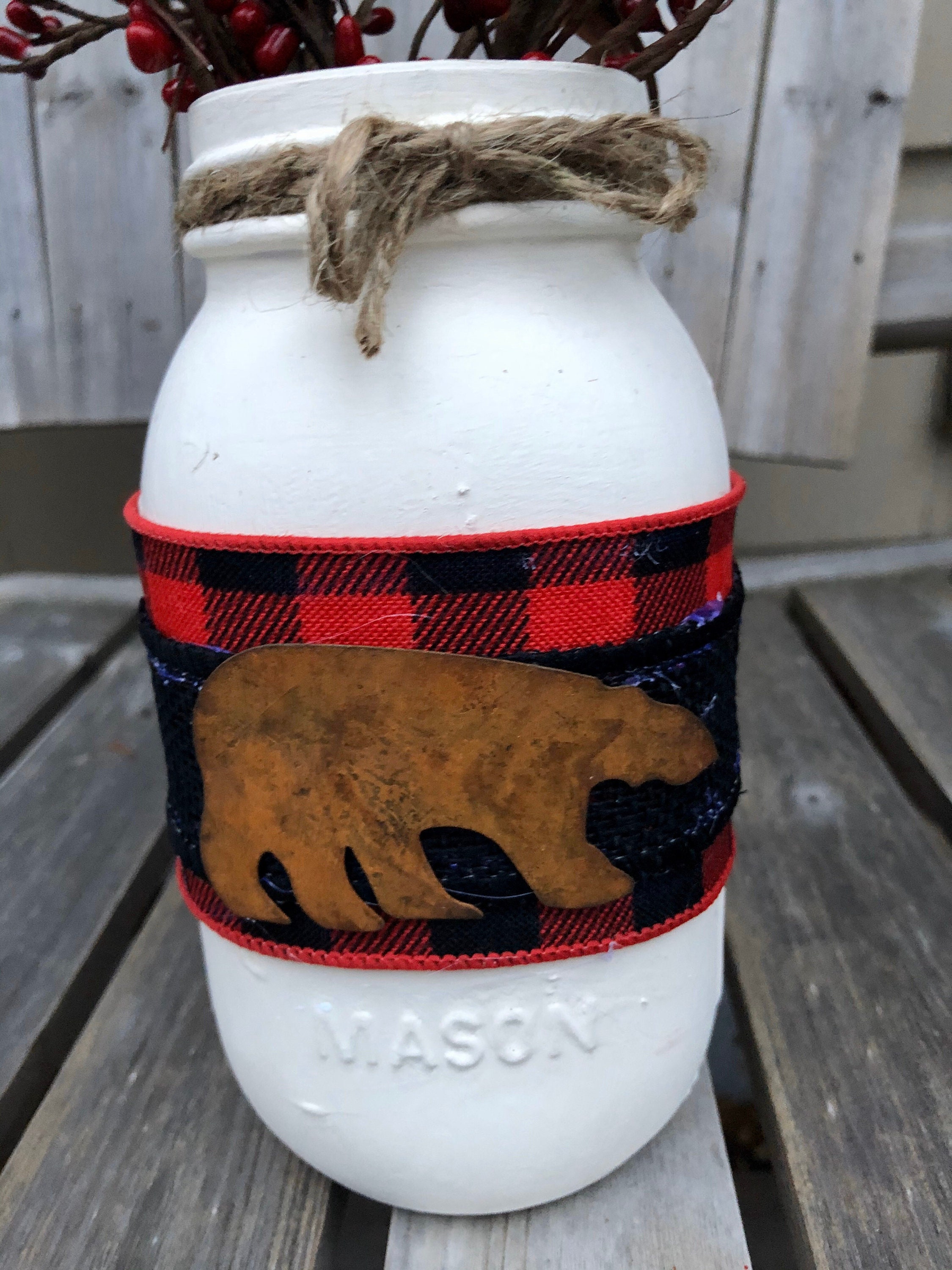 Buffalo Plaid Bear Mason Jar / Mason Jar Decor / Painted Mason | Etsy