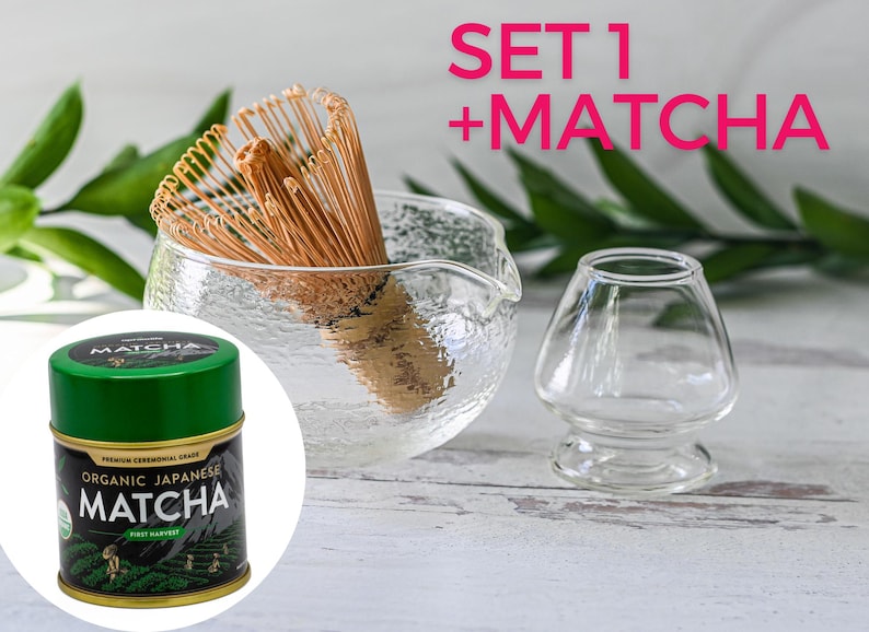 Glass Matcha Tea Set: Textured Bowl, Bamboo Whisk & Holder - Etsy