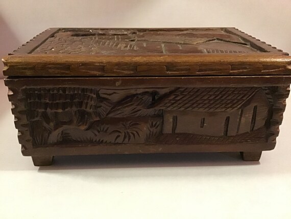 Made in India Wooden Box with Farm Scene Vintage Carved Wooden Trinket ...