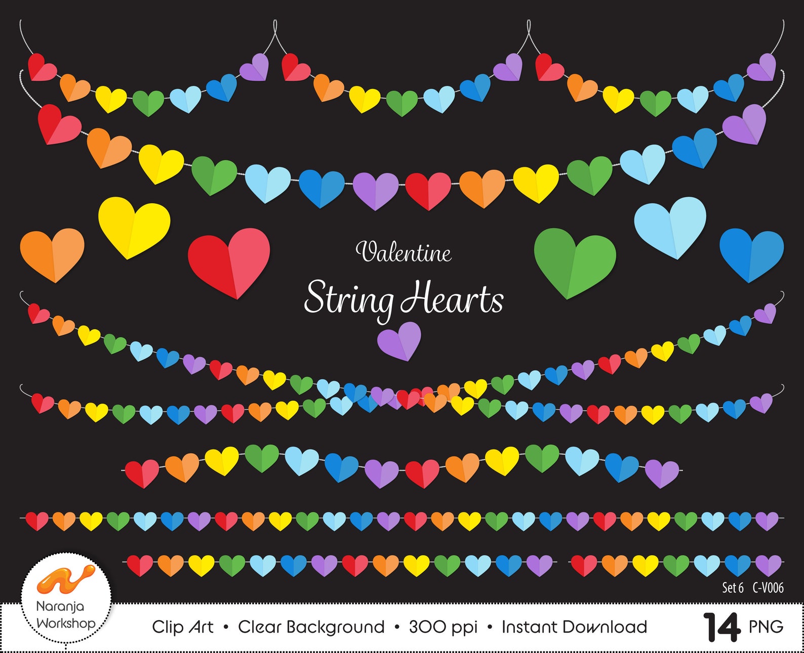 Valentine Heart Strings Clipart, Rainbow Hearts Clipart, Multicolor ...