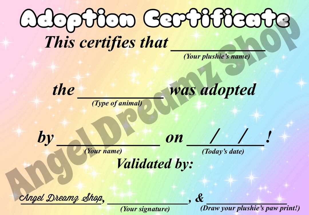 Plushie Adoption Certificate Digital Download Printable File SFW ...