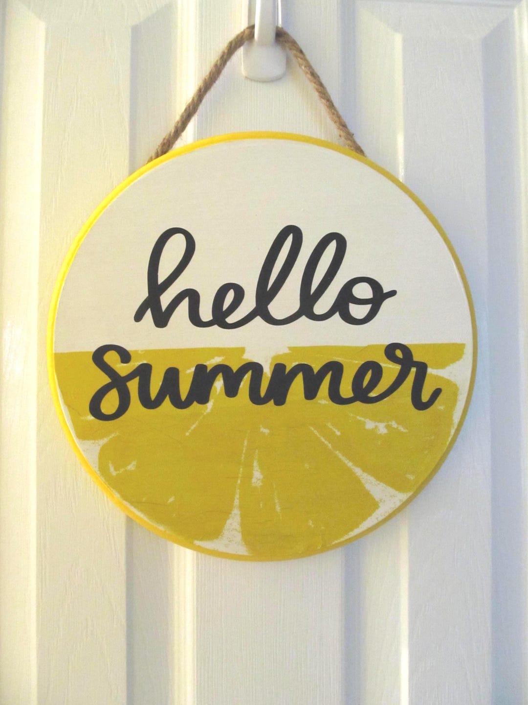 Round Wood Lemon Door Sign Hello Summer Wall Decor Welcome Lemon Decor ...