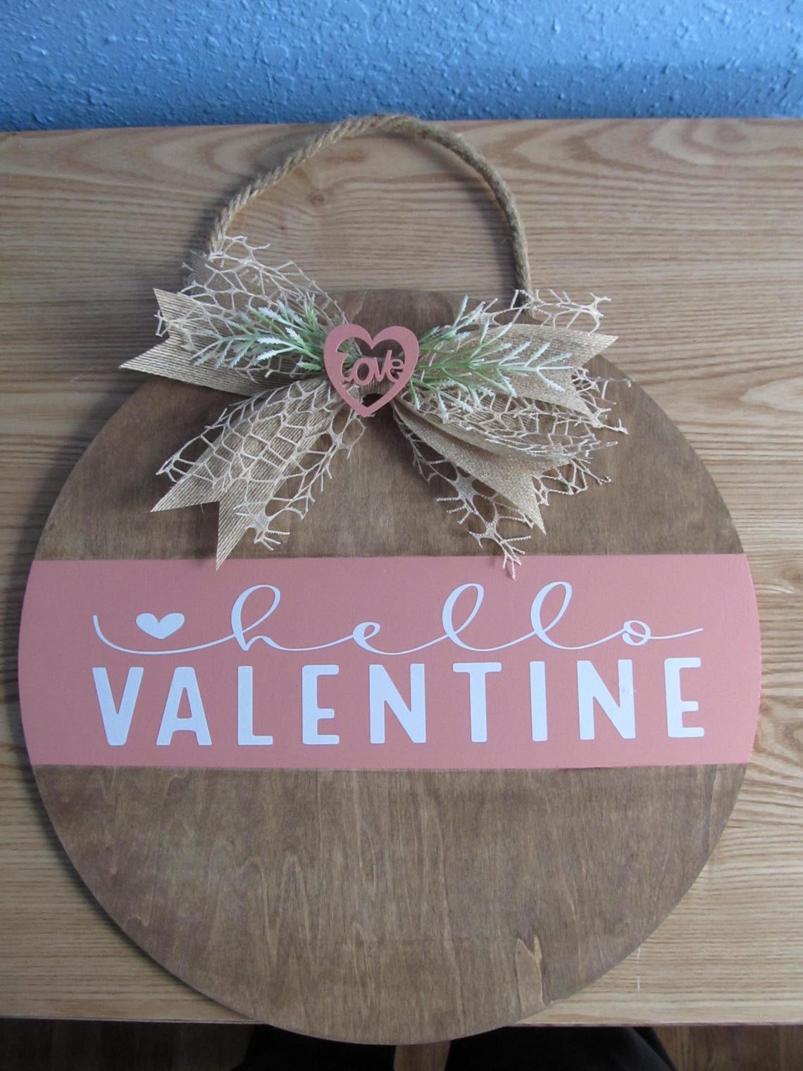 Hello Valentine Round Wood Sign Wall Hanging Home Decor Valentine's Day ...