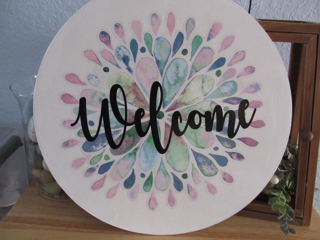 Round Wood Welcome Sign Door Hanger Home Decor Pastels Jute Hanger Door ...