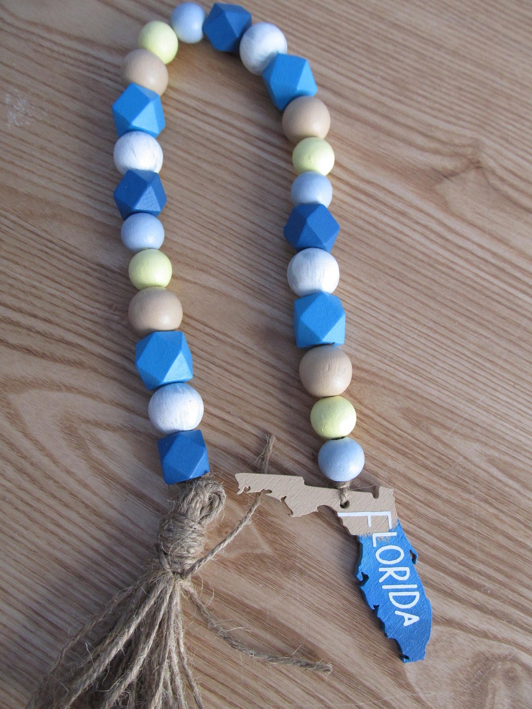 Florida State Shape Wood Bead Garland Beach Colors Blue Brown Tiered ...