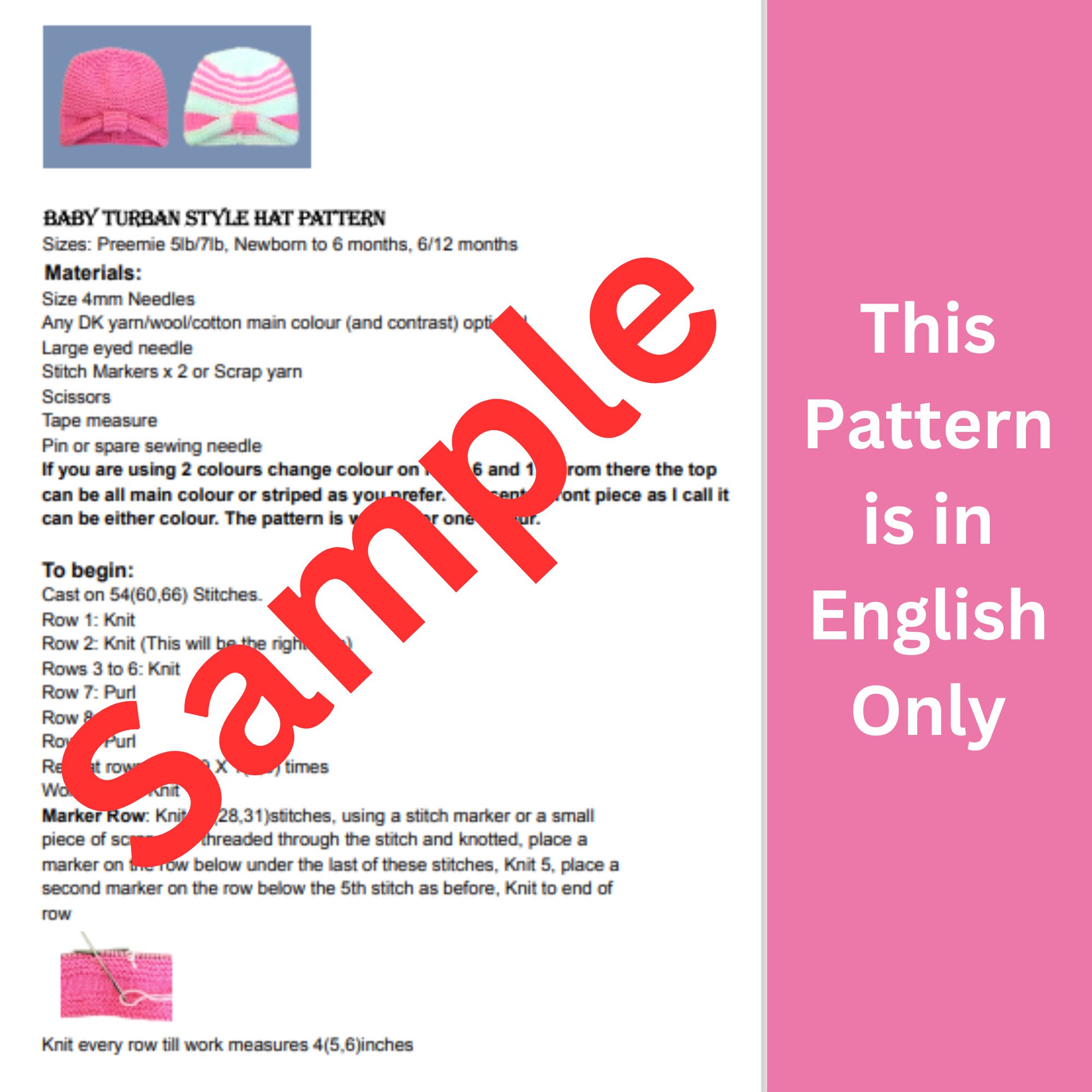 BABY Turban Hat Knitting Pattern, PDF Download, Skill Level: Easy ...