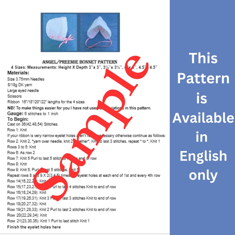 Easy Knit Baby Bonnet Pattern, Preemie & Angel Sizes (PDF Digital ...