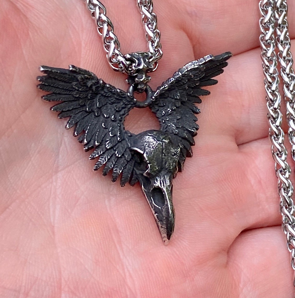 Oxidised Steel Winged Raven Skull Pendant - Etsy UK