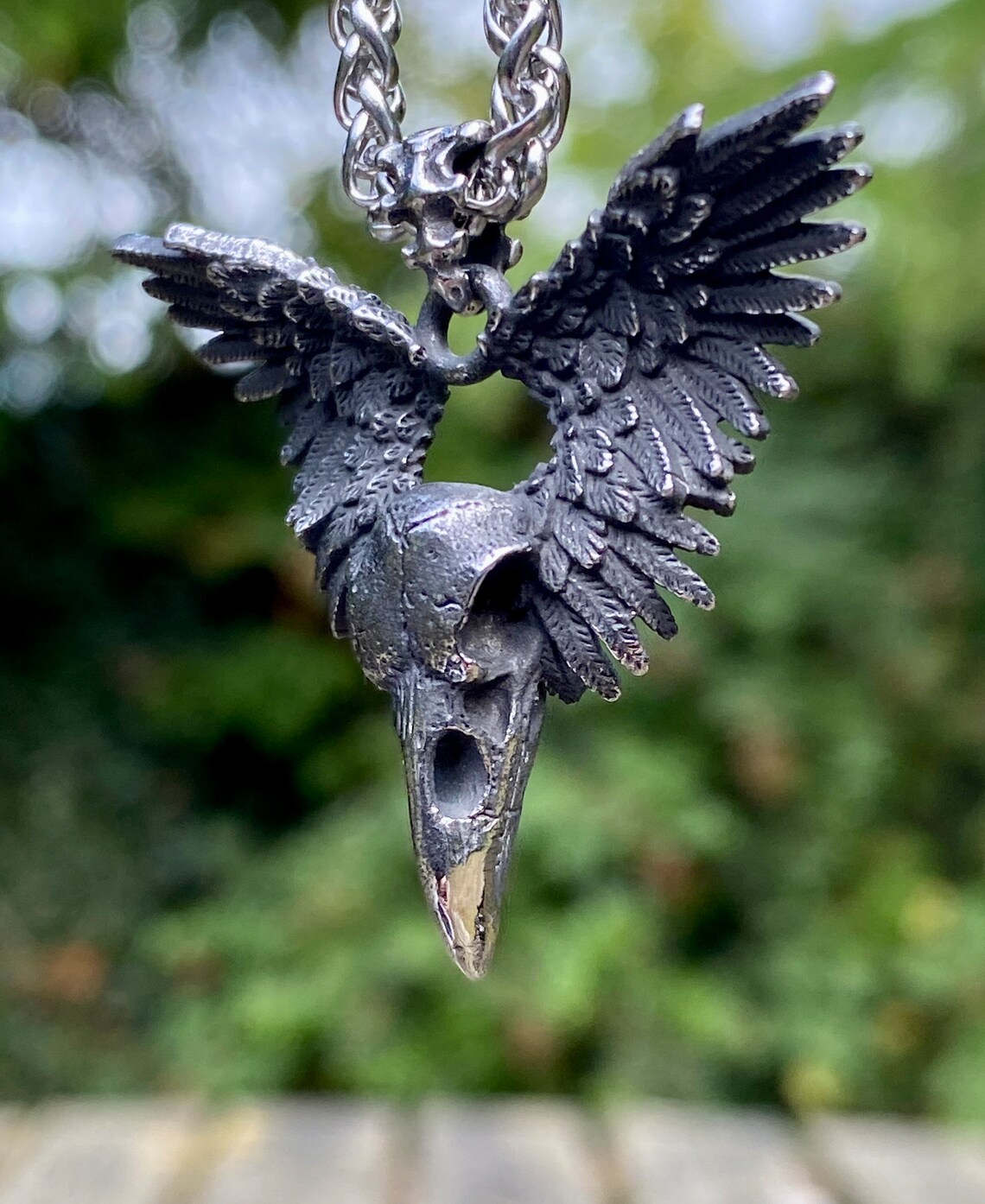 Oxidised Steel Winged Raven Skull Pendant - Etsy UK