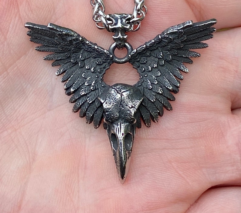 Oxidised Steel Winged Raven Skull Pendant - Etsy UK