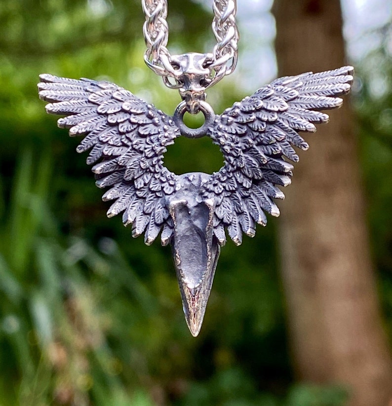 Oxidised Steel Winged Raven Skull Pendant - Etsy UK