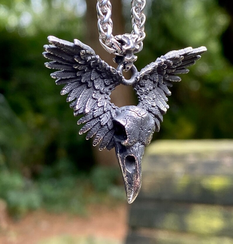 Oxidised Steel Winged Raven Skull Pendant - Etsy UK
