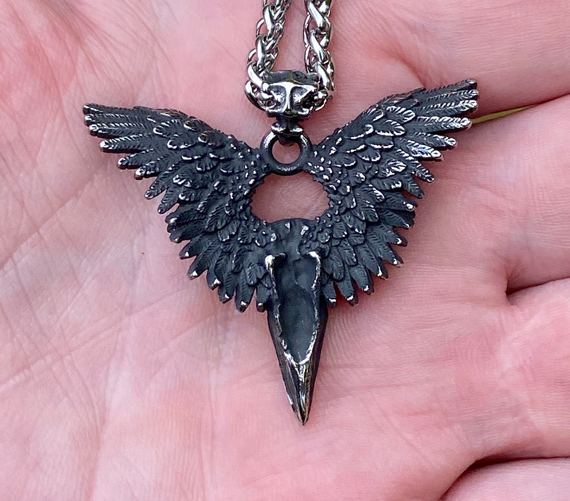 Oxidised Steel Winged Raven Skull Pendant - Etsy UK
