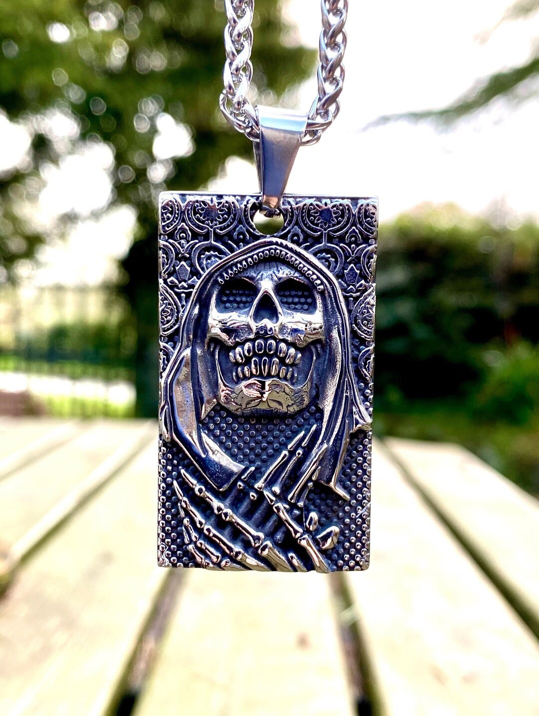 Stainless Steel Grim Reaper Pendant Necklace - Etsy