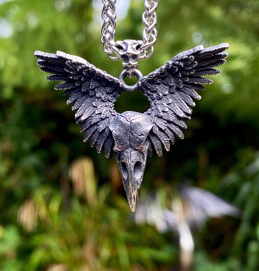 Oxidised Steel Winged Raven Skull Pendant - Etsy UK