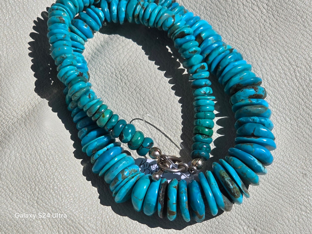 Large Beaded Turquoise Disc Necklace, Blue Kingman Turquoise Jewelry ...
