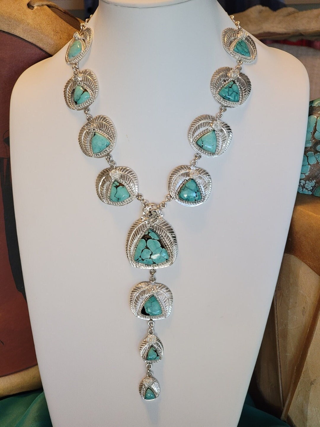 Turquoise Lariat Necklace in Sterling Silver, Western Style ...