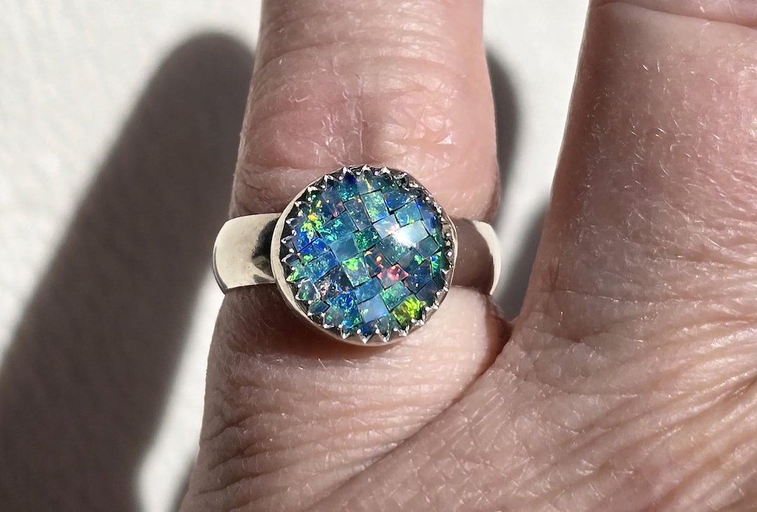 Australian Opal Pinky Ring Opal Mosaic Sterling Silver Ring Genuine Australian Blue Opal Ring ...
