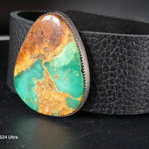 Green Turquoise Cuff, Black Leather Bracelet, Handmade Jewelry Gift for ...