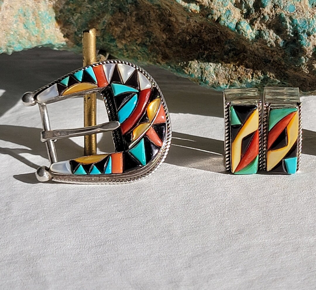 Cobblestone Inlay, Inlay Belt Buckle, Vintage Navajo Buckle Set, 925 ...