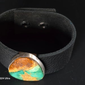 Green Turquoise Cuff, Black Leather Bracelet, Handmade Jewelry Gift for ...