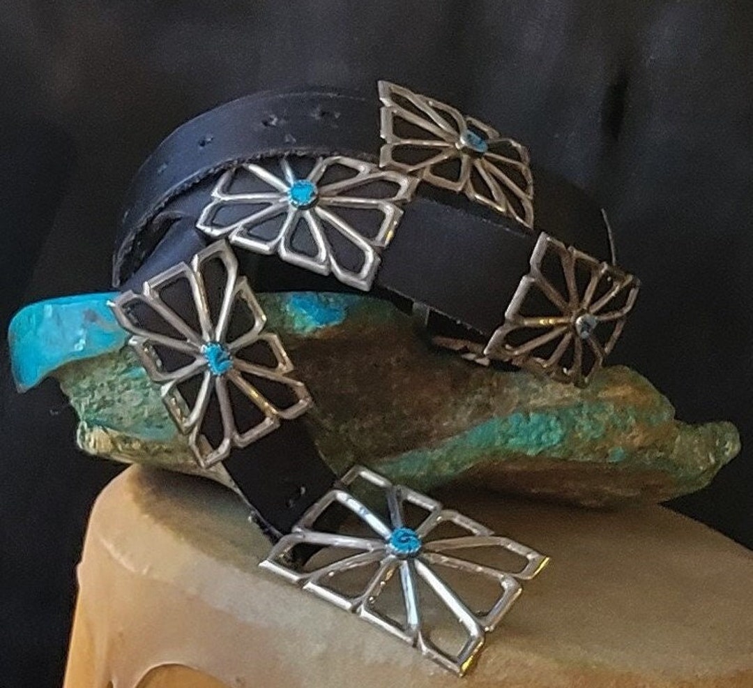 Vintage Concho Belt, Turquoise Concho, Black Leather, Unique ...
