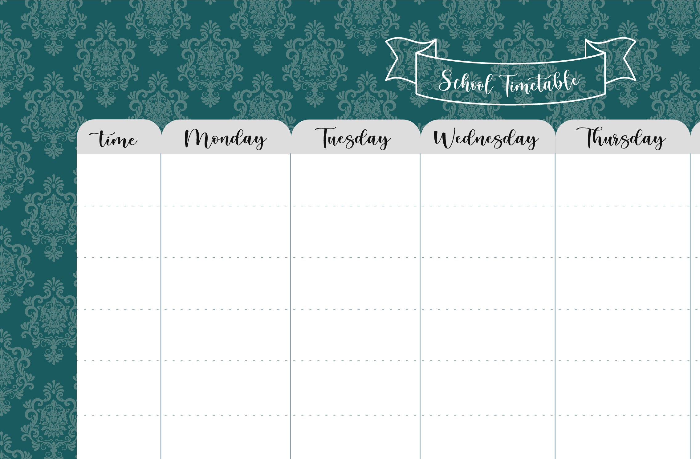 Printable School Timetable, Damask Pattern & Calligraphic Type ...