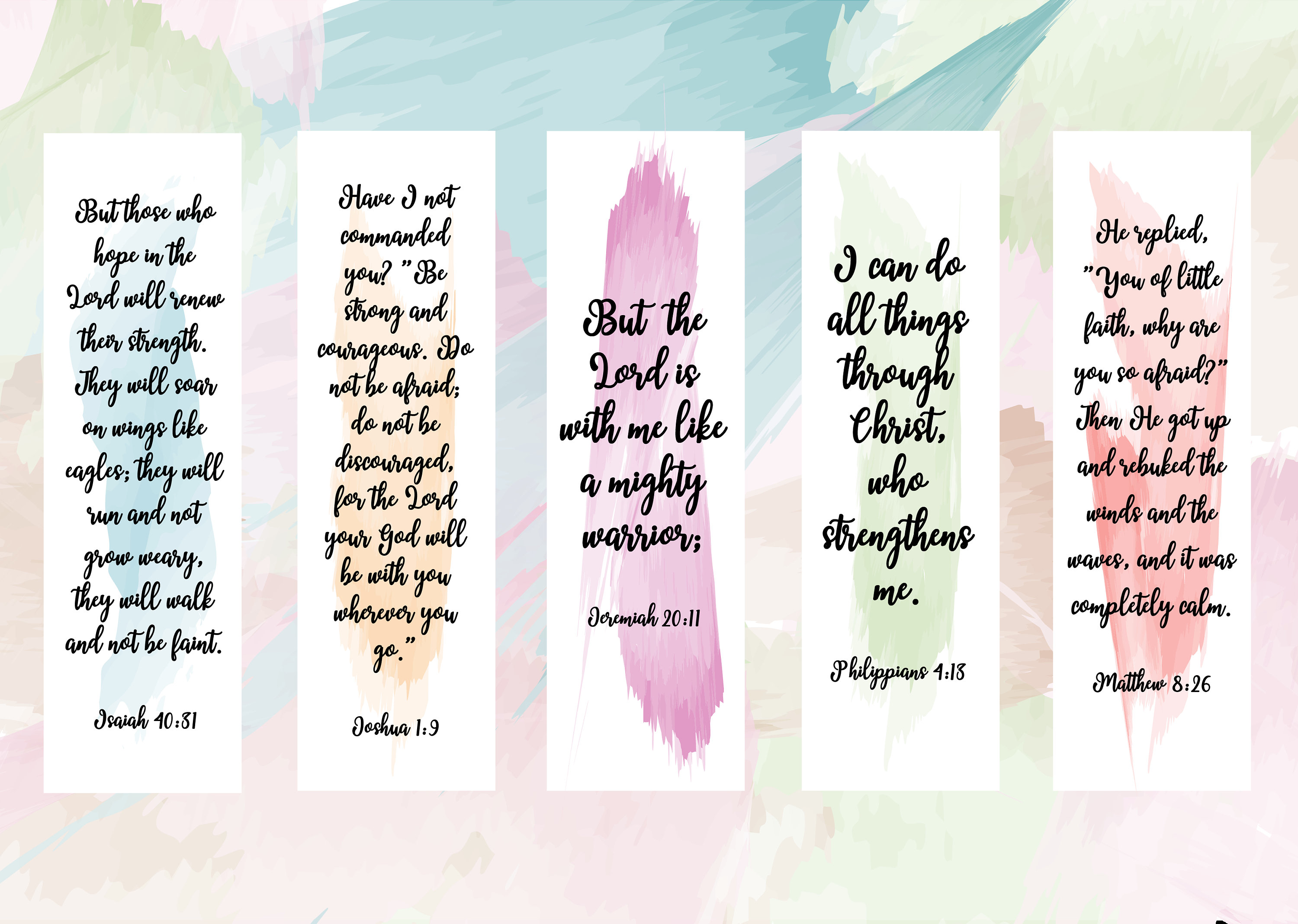 Pack of 25 Printable Fearless Bible Verses Bookmarks | Watercolor Brush ...