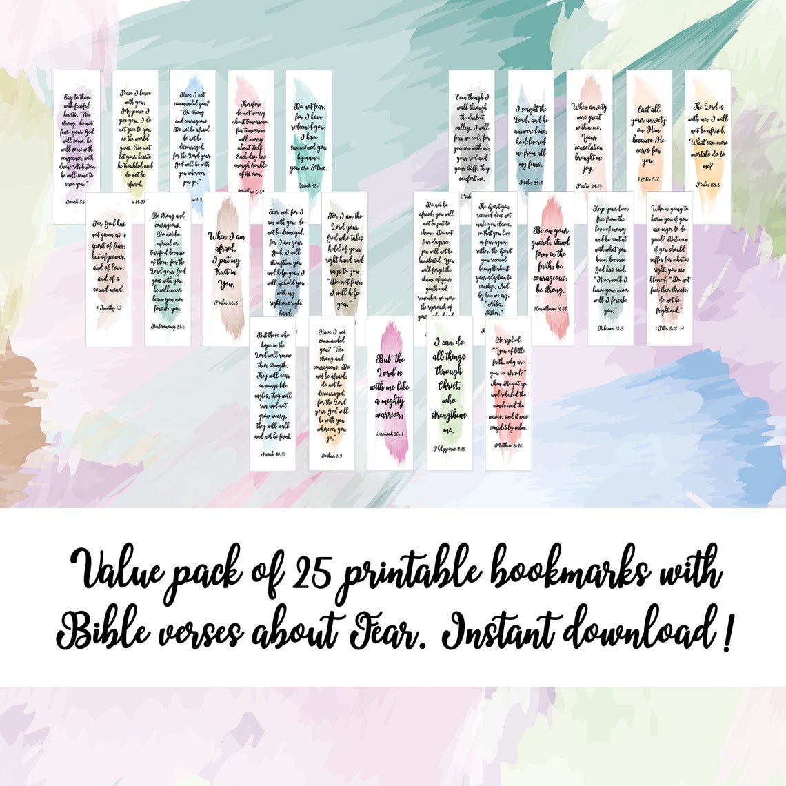 Pack of 25 Printable Fearless Bible Verse Bookmarks | Watercolor ...