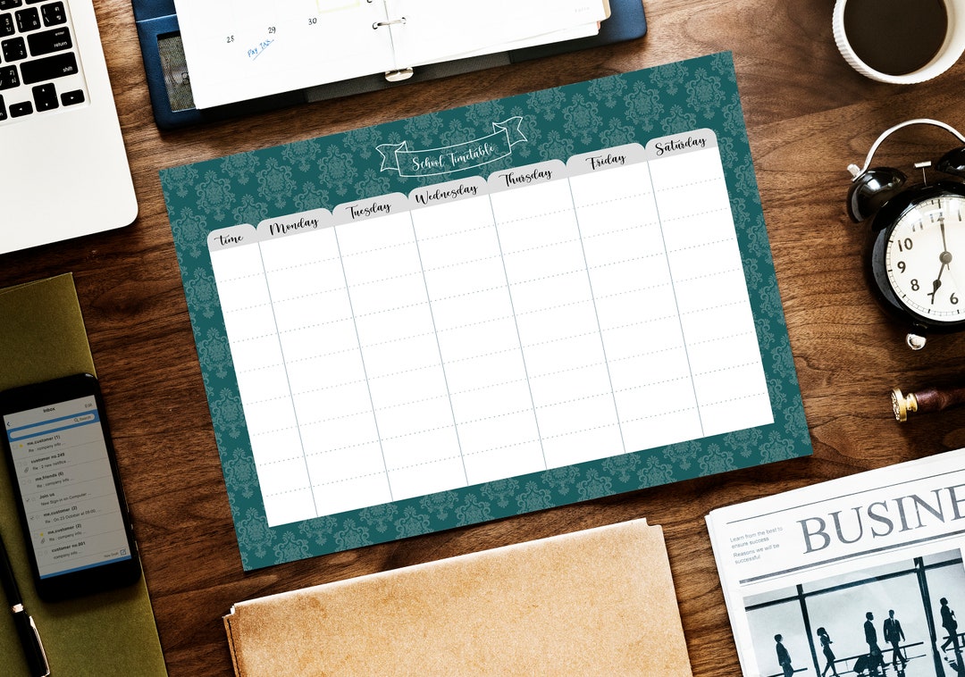 Printable School Timetable, Damask Pattern & Calligraphic Type ...