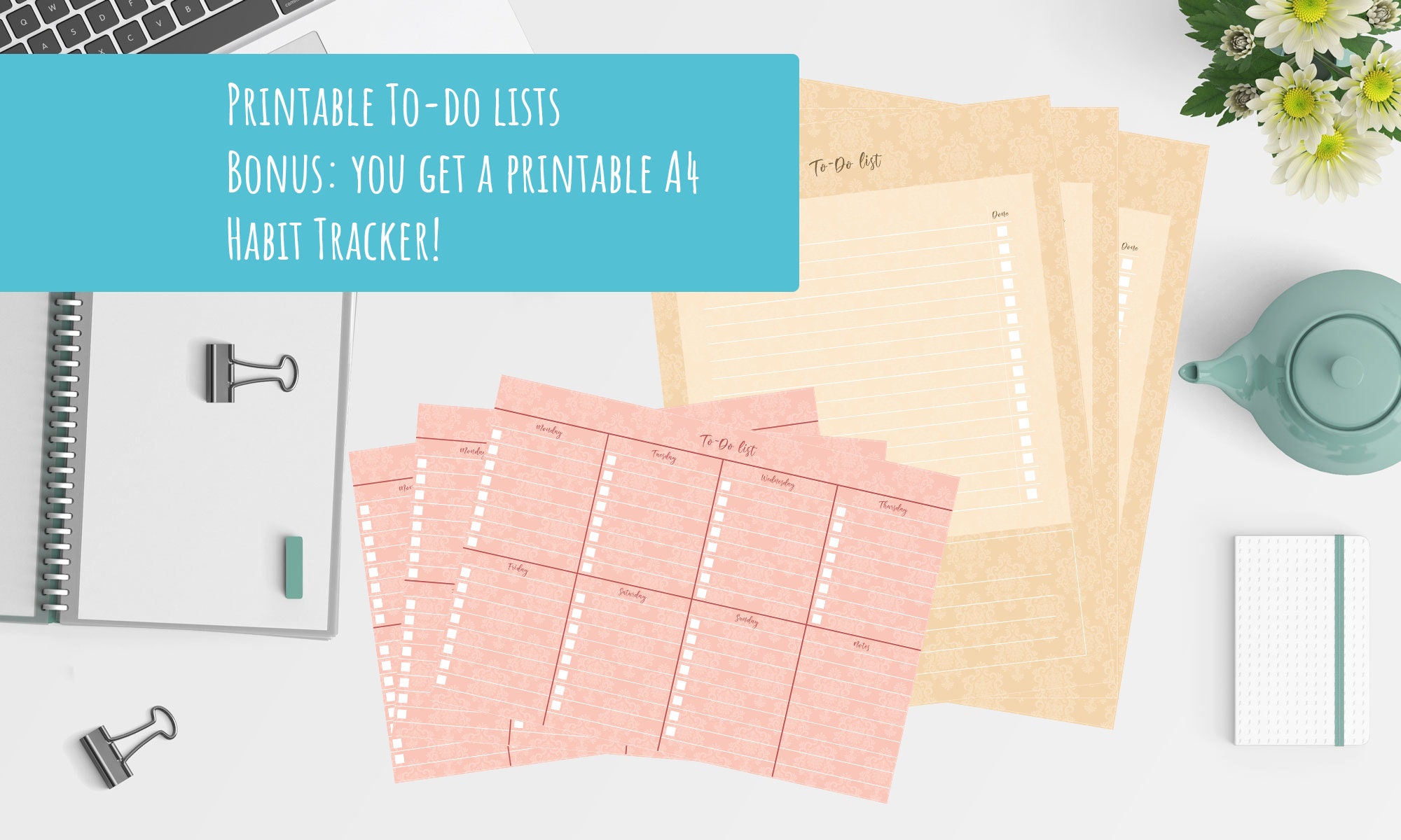 To Do Lists Printable Set Damask Pattern With BONUS A4 Habit Tracker A4 ...