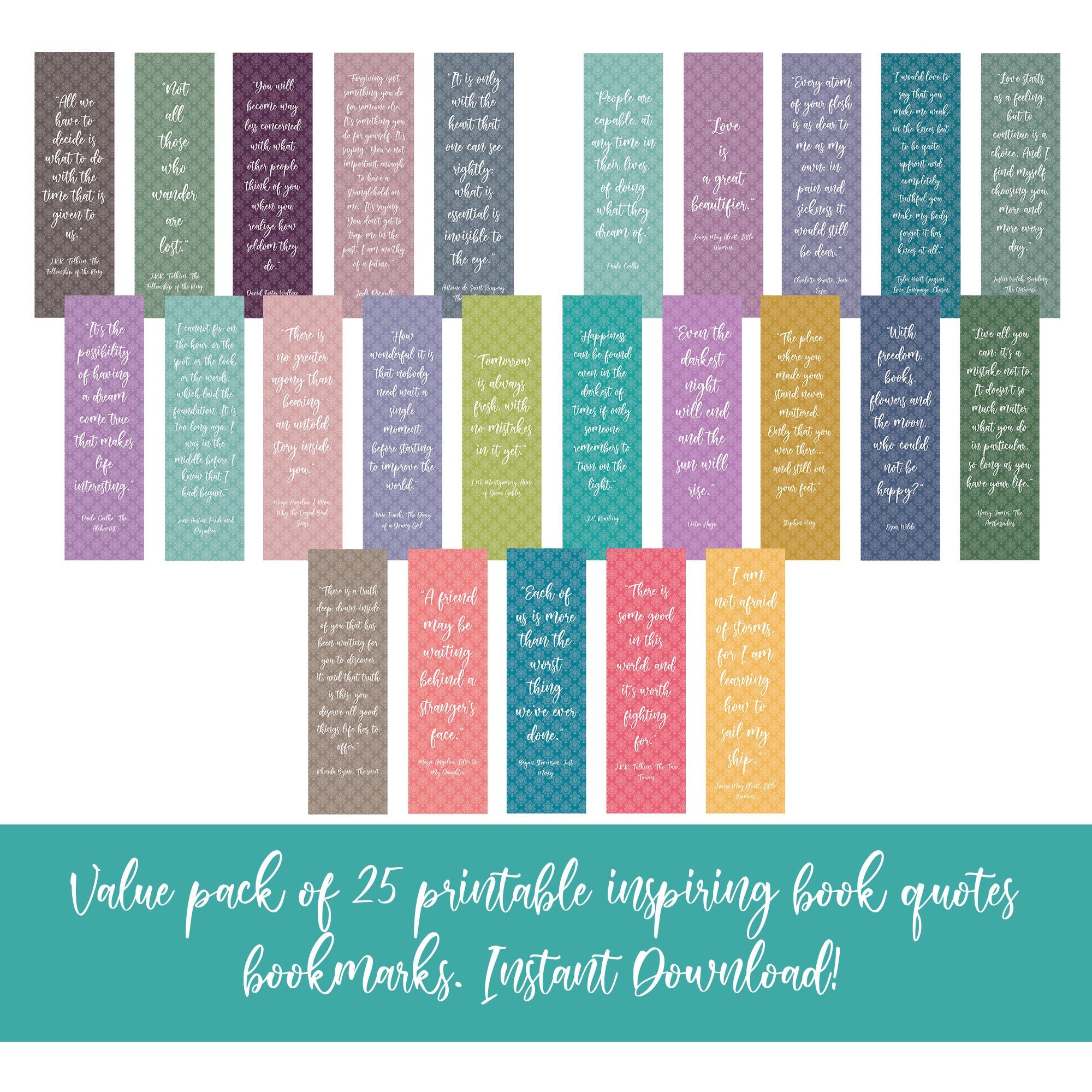 Pack of 25 Printable Inspiring Quotes Bookmarks Damask Pattern ...