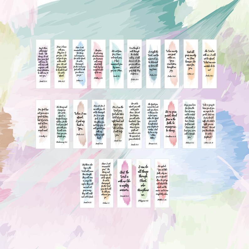 Pack of 25 Printable Fearless Bible Verses Bookmarks | Watercolor Brush ...