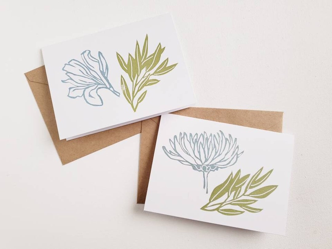 2 Pc. Block Print Cards | Flowers and Leaves - Etsy