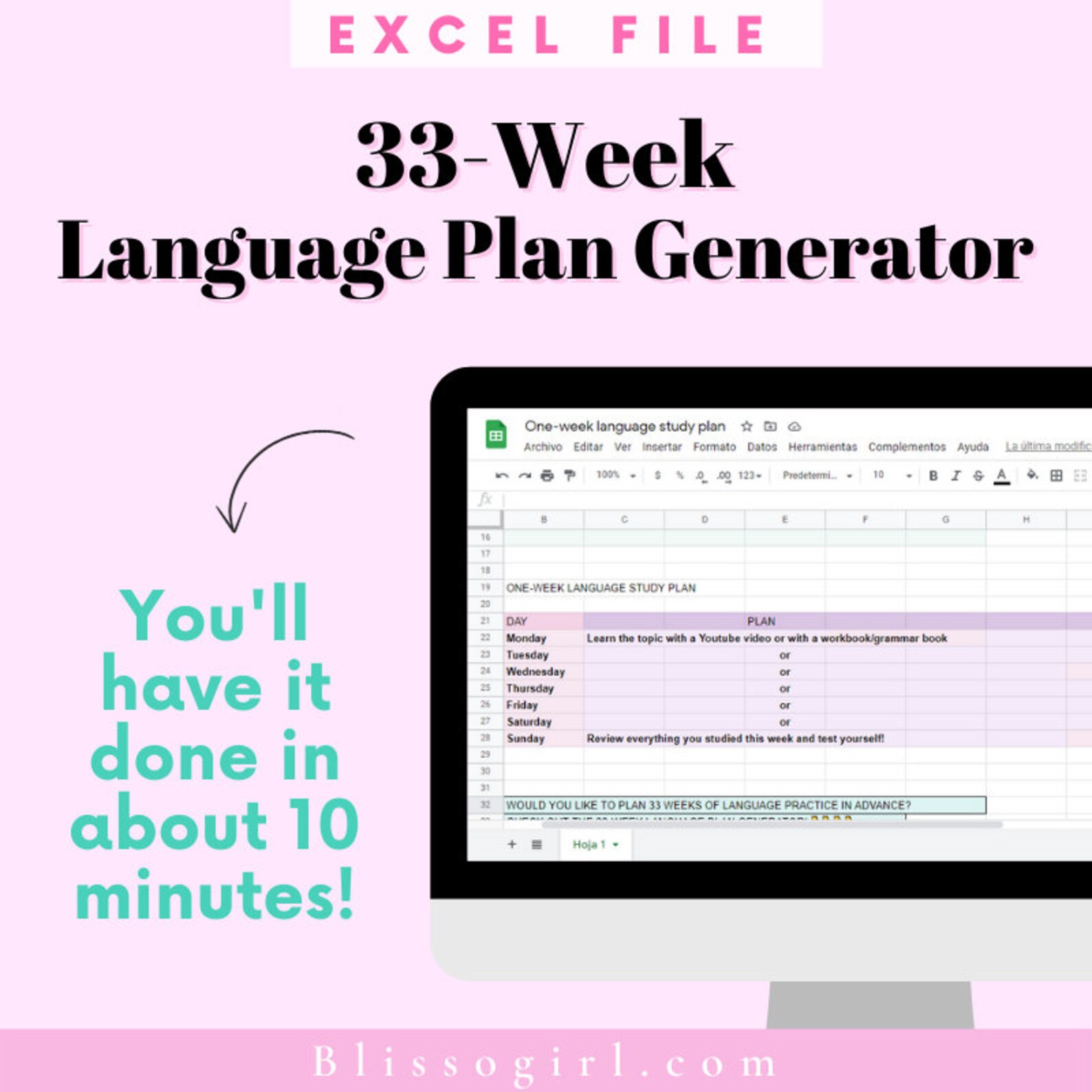 Language Learning Plan Generator Excel File, Schedule Your Practice for ...