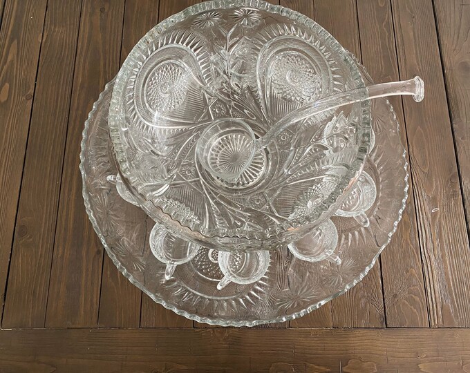 Vintage LE Smith Cut Glass Punch Bowl 12 Cup and Underplate & Glass ...