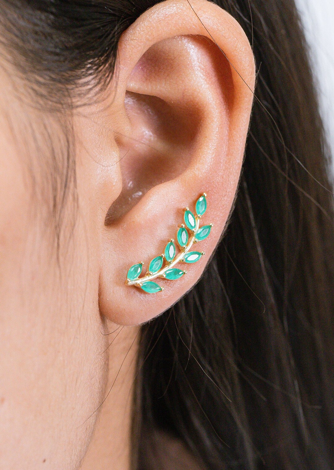 14k Gold Emerald Ear Climber Earrings: Marquise Leaf Crawler - Etsy